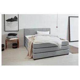 Boxspringbett OTTO products "Peetu", blau (graublau), B:170cm L:213cm, Struktur fein aus 100%-recyceltem Polyester, Komplettbetten, Boxspringbett, Taschenfederkern-Matratze, in 4 Breiten und 4 Farben, incl. Topper