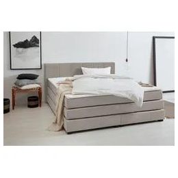 Boxspringbett OTTO products "Peetu", beige, B:210cm L:213cm, Struktur fein aus 100%-recyceltem Polyester, Komplettbetten, Boxspringbett, Taschenfederkern-Matratze, in 4 Breiten und 4 Farben, incl. Topper