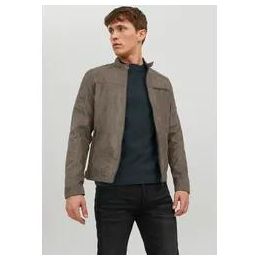 Jack & Jones Lederimitatjacke JACK & JONES "JJEROCKY in Kunstlederoptik mit Rei&szlig;verschlusstaschen", Herren, Gr. L, gr&uuml;n (falcon), Web, Obermaterial: 100% Polyester, unifarben, slim fit normal, Jacken, unifarben, modisch, regular fit, Lederimitat