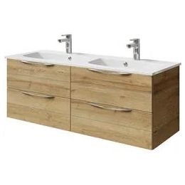 Waschtisch SAPHIR "Serie 6025 Mineralmarmor-Waschtisch mit Unterschrank, 132 cm breit", braun (riviera eiche, riviera eiche quer nb), B:132cm H:49,9cm T:48cm, Waschtische, Waschtisch, Doppel-Waschplatz mit 4 Schubladen, h&auml;ngend, verschiedene Ausf&uuml;hrungen