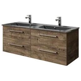 Waschtisch SAPHIR "Serie 6025 Mineralmarmor-Waschtisch mit Unterschrank, 132 cm breit", braun (eiche ribbeck, eiche ribbeck quer nb), B:132cm H:49,9cm T:48cm, Waschtische, Waschtisch, Doppel-Waschplatz mit 4 Schubladen, h&auml;ngend, verschiedene Ausf&uuml;hrungen