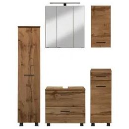 Badm&ouml;bel-Set Welltime "Trento", Badezimmer-Set, H&auml;ngeschrank, Unterschrank, Midischrank", braun (wotaneiche, wotaneiche), B:120cm H:200cm T:35cm, Holzwerkstoff, MDF, Kastenm&ouml;bel-Sets, Badm&ouml;bel-Set, Waschbeckenunterschrank, Spiegelschrank inkl. Aufbauleuchte