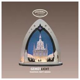 Lichterbogen WEIGLA "Dresdner Frauenkirche, LED Spitze aus Holz & Acrylglas,Made in Germany", grau (grau, blau), H:53cm T:9cm, Massivholz, Schwibb&ouml;gen, Erzgebirge garantiert, Weihnachtsdeko Innen, Weihnachtsbeleuchtung