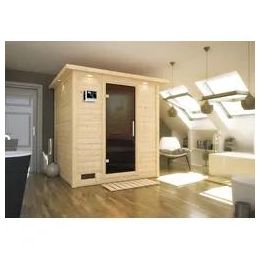 Sauna Karibu "Menja", beige (naturbelassen), Bio-Kombiofen, externe Steuerung, 9 kW, Saunen, Ofen 9 kW Bio externe Strg easy