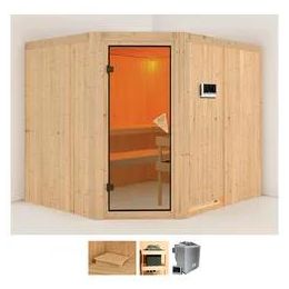 Sauna Karibu "Marit", beige (naturbelassen), Bio-Kombiofen, externe Steuerung, 9 kW, Saunen, Ofen 9 kW Bio externe Strg easy