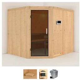 Sauna Karibu "Marit", beige (naturbelassen), Bio-Kombiofen, externe Steuerung, 9 kW, Saunen, Ofen 9 kW Bio externe Strg easy