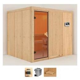 Sauna Karibu "Gitte", beige (naturbelassen), Bio-Kombiofen, externe Steuerung, 9 kW, Saunen, Ofen 9 kW Bio externe Strg easy