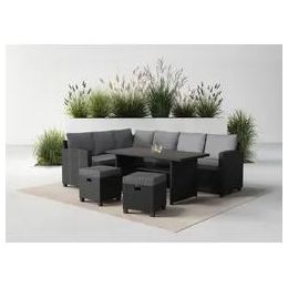 Konifera "Georgia" 2x 3er Bank, 2x Hocker, 1x Tisch 145x74x67cm, Stahl, Polyrattan, inkl. Auflagen, Schwarz, Tischplatte aus Nonwood