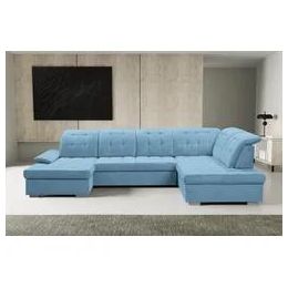 Wohnlandschaft WERK2 "Kordula-New Multifunktion Couch, Breite 332cm, bequem, U-Form", blau (hellblau), B:332cm H:105cm T:217cm, 95% Polyester, 5% Nylon, Sofas, Wohnlandschaft, Sofa in U-Form mit Schlaffunktion & Bettkasten, Schlafcouch