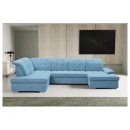 Wohnlandschaft WERK2 "Kordula-New Multifunktion Couch, Breite 332cm, bequem, U-Form", blau (hellblau), B:332cm H:105cm T:217cm, 95% Polyester, 5% Nylon, Sofas, Wohnlandschaft, Sofa in U-Form mit Schlaffunktion & Bettkasten, Schlafcouch