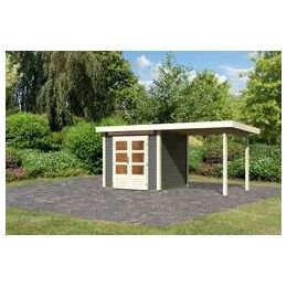 Gartenhaus Karibu "Ammersee 2" SET mit Anbaudach 2,35 m Breite", grau (terragrau), Holzwerkstoff, Gartenh&auml;user, Gartenhaus, naturbelassen oder terragrau