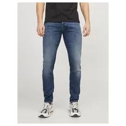 Jack & Jones Slim-fit-Jeans JACK & JONES "JJIGLENN &ndash; Jeans mit Stretch, niedriger Leibh&ouml;he und Taschen", Herren, Gr. 29, L&auml;nge 32, blau (blau denim), Denim/Jeans, Obermaterial: 80% Baumwolle, 18% Polyester, 2% Elasthan, Abriebeffekte, slim fit kn&ouml;chellang, Jeans Slim-fit-Jeans, Baumwollmischung, slim fit