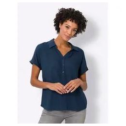 Kurzarmbluse Classic Basics, Damen, Gr. 44, blau (dunkelblau), 100% Viskose, unifarben, V-Ausschnitt, Blusen