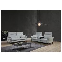 2-Sitzer Home Affaire "Sisto, inklusive 2x Relaxfunktion motorisch mit Herz-Waage-Beschlag", blau (hellblau), B:202cm H:108cm T:94cm, 100% Polyester, Sofas, Zwischenelement mit Tisch, Steckdose & USB-Ladestation
