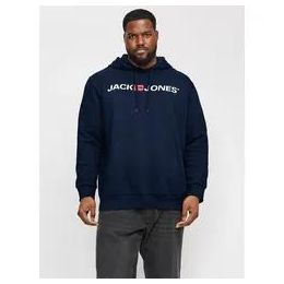 Jack & Jones PlusSize Kapuzensweatshirt "JJECORP OLD LOGO SWEAT HOOD NOOS PLS", Herren, Gr. 5XL, blau (navy blazer detail:reg fit), angeraute Sweatware, Obermaterial: 80% Baumwolle, 20% Polyester, JACK & JONES PLUSSIZE, bedruckt, regular fit taillenbedeckt, ohne Ausschnitt, Rippb&uuml;ndchen, Sweatshirts, mit Logo Print