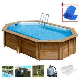 Achteckpool GRE "SAFRAN 2 mit Edelstahlleiter", braun, B:395cm H:136cm L:620cm, Schwimmbecken, Kiefernholz, BxLxH: 395x620x136 cm