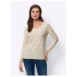 V-Shirt Heine "Shirt", Damen, Gr. 40, beige (sand, ecru, gestreift), 50% Baumwolle, 50% Modal, gemustert, gestreift, V-Ausschnitt, Shirts