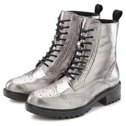 Schn&uuml;rboots Lascana, Damen, Gr. 38, silber (silberfarben), Obermaterial: 100% Schafsleder. Decksohle: 100% Synthetik. Futter: 75% Textilmaterial, 25% Lederimitat. Laufsohle: 100% Synthetik, gl&auml;nzend, Schuhe Schn&uuml;rboots, Schn&uuml;rstiefelette, Ankle Boots, Leder, Schn&uuml;ren & Rei&szlig;verschluss