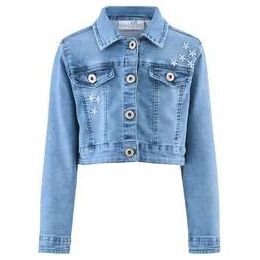 Jeansjacke happy girls, M&auml;dchen, Gr. 104, blau (jeans blau), Denim/Jeans, Obermaterial: 98% Baumwolle, 2% Elasthan, unifarben, regular fit taillenbedeckt, 1-Knopf-Manschette mit Schlitz, Jacken Jeansjacke, mit tollen Bl&uuml;tenstickereien
