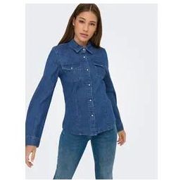 Jeansbluse Only "ONLSASIA L/S RHINESTONE DNM SHIRT AKM", Damen, Gr. S, blau (medium blau denim), Denim/Jeans, Obermaterial: 75% Baumwolle, 23% Polyester, 2% Elasthan, unifarben, 1-Knopf-Manschette, Blusen Jeansbluse