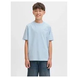 Jack & Jones T-Shirt JACK & JONES JUNIOR "JORNORREBRO TYPO TEE SS CREW NECK SN JNR", Jungen, Gr. 140, blau (skyway), Single Jersey, Obermaterial: 100% Baumwolle, bedruckt, relaxed fit normal, Rundhals, Shirts T-Shirt
