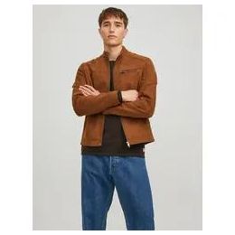 Jack & Jones Lederimitatjacke JACK & JONES "JJEROCKY in Kunstlederoptik mit Rei&szlig;verschlusstaschen", Herren, Gr. M, braun (cognac), Web, Obermaterial: 88% Polyester, 12% Viskose, slim fit normal, gerader Abschluss, Jacken, unifarben, modisch, regular fit, Lederimitat