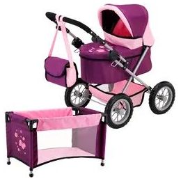 Puppenwagen BAYER "Trendy", lila (schmetterling lila), Puppenwagen, KinderB:41cm H:68cm T:67cm, Kunststoff, Metall, Polyester, inklusive Puppen-Reisebett und Umh&auml;ngetasche, B:41cm H:68cm T:67cm