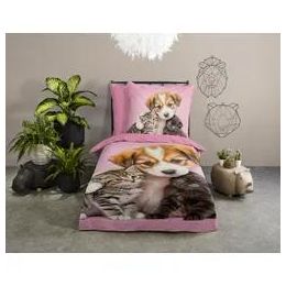 Kinderbettw&auml;sche "Amis", rosa, B/L: 135cm x 200cm, 1 Stk., 1 Stk., Microfaser, B/L: 80cm x 80cm, 2 Stk., Microfaser, Obermaterial: 100% Polyester, PURE LUXURY COLLECTION, Bettw&auml;sche, Mikrofaser, 135x200, 2 Teilig, Wendeoptik, M&auml;dchen, Hund, Katze