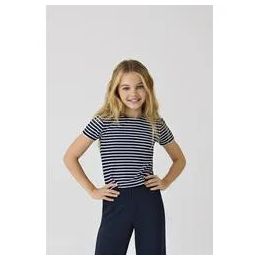 T-Shirt KIDS ONLY "KOGNELLA STRIPED S/S O-NECK TOP JRS", M&auml;dchen, Gr. 158/164, night sky stripes:horizontal cloud dancer, Jersey, Obermaterial: 65% Polyester, 30% Viskose, 5% Elasthan, geringelt, gestreift, h&uuml;ftlang, Rundhals, Shirts T-Shirt