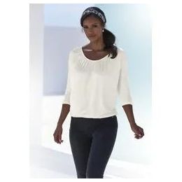 3/4-Arm-Shirt Lascana "mit zarter Raffung am Ausschnitt", Damen, Gr. 36/38, beige (creme), Jersey, Obermaterial: 95% Viskose (LENZINGTM ECOVEROTM), 5% Elasthan, unifarben, Basic, figurumspielend normal, V-Ausschnitt, angeschnitten Umschlagsaum, Shirts 3/4-Arm-Shirt, aus weichem Viskose-Stretch