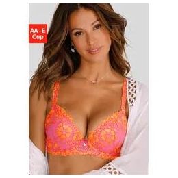 Push-up-BH Lascana "Wanda", Damen, Gr. 70, Cup E, pink (pink, orange), Spitze, Obermaterial: 77% Polyamid, 13% Polyester, 10% Elasthan, BHs Push-up-BH, mit B&uuml;gel, mit sch&ouml;ner Stickereispitze, Dessous