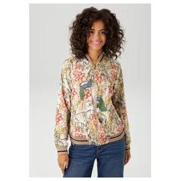 Blouson Aniston CASUAL, Damen, Gr. 34, bunt (sand, rot, orange, gr&uuml;n, blau, gelb, oliv, ocker, petrol, taupe, grau, schwarz), Cr&ecirc;pe, Obermaterial: 100% Polyester. Futter: 100% Polyester, bedruckt, gebl&uuml;mt, figurumspielend h&uuml;ftlang, Rippb&uuml;ndchen, Jacken Blouson, mit farbenfrohen Pfauen und Blumen bedruckt