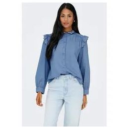 Jeansbluse Only "ONLPIPER L/S EMB FRILL DNM SHIRT QYT", Damen, Gr. S, medium blau denim, Web, Obermaterial: 65% Baumwolle, 35% Lyocell, unifarben, regular fit normal, Blusen Jeansbluse, mit R&uuml;schen