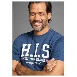 H.I.S. T-Shirt H.I.S, Herren, Gr. L (52/54), blau, Single Jersey, Obermaterial: 100% Baumwolle, bedruckt, slim fit, Rundhals, Shirts T-Shirt, mit trendigem Markenlogo im Collage-Look