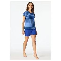 Shorty Schiesser "Casual Essentials", Damen, Gr. 36, 833, blau, Single Jersey, Obermaterial: 100% Baumwolle, Basic kurz, Rundhals, Homewear-Sets Shorty, mit unifarbenem Shirt und gestreifter Hose