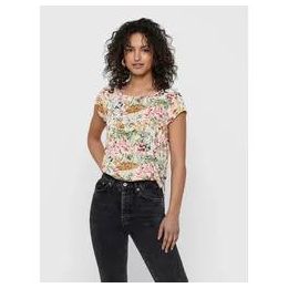 Shirtbluse Only "ONLVIC S/S AOP TOP NOOS PTM", Damen, Gr. 40, cloud dancer aop:blurry flower, Web, Obermaterial: 97% Polyester, 3% Elasthan, bedruckt, regular fit h&uuml;ftlang, Rundhals, Blusen, mit Allover Druck