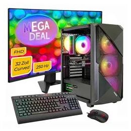 GAMEMAX Gaming-PC-Komplettsystem "MegaDeal Striker 2729 AMD Ryzen 5 5500 16GB 480GB SSD RTX 5060", Energieeffizienz: E (A-G), schwarz, Microsoft Windows 11 Home (64 Bit), 16 GB RAM 480 GB SSD, Computer_Komplettsysteme, Windows 11 + MSI MAG 32C6X Gaming Monitor, Curved 80cm (32")