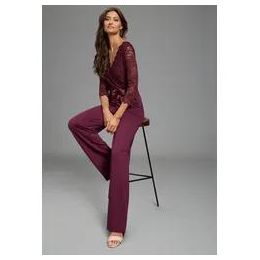Jumpsuit Laura Scott, Damen, Gr. 36, N-Gr, bordeaux, Milano Rib, Obermaterial: 70% Viskose, 25% Polyester, 5% Elasthan. Spitze: 92% Polyamid, 8% Elasthan, leicht transparent, unifarben, figurbetont lang, V-Ausschnitt, Overalls Jumpsuit, mit Spitzenoberteil und Satin-Bindeg&uuml;rtel