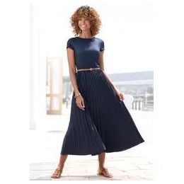 Midikleid Lascana, Damen, Gr. 46, N-Gr, blau (navy), Web, Obermaterial: 100% Polyester. Obermaterial 2: 100% Polyester, unifarben, figurumspielend Midi, Rundhals, Kleider Midikleid, mit Plisseerockteil, elegantes Basic, modisch