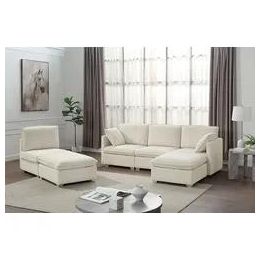 Wohnlandschaft, beige (creme, wei&szlig;), B:310cm H:87cm T:88cm, ATLANTIC HOME COLLECTION, Sofas, Wohnlandschaft, modularer 4-Sitzer mit 2 Hockern, weicher Cordbezug, Topseller