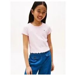 T-Shirt Tommy Hilfiger "ESSENTIAL RIB TOP mit Babylock-Kanten und Stickerei", M&auml;dchen, Gr. 6 (116), rosa (light pink), Rippware, Obermaterial: 95% Baumwolle, 5% Elasthan, unifarben, normal h&uuml;ftlang, Rundhals, Rollkante, Shirts T-Shirt, unifarben, casual, regular fit, Baumwollmix, Rundhals