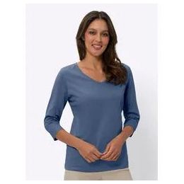 3/4-Arm-Shirt Classic Basics "3/4-Arm-Shirt", Damen, Gr. 42, blau (jeansblau), 100% Baumwolle, unifarben, V-Ausschnitt, Shirts 3/4-Arm-Shirt