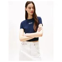 Tommy Hilfiger Kurzarmshirt TOMMY JEANS "TJW SLIM ESSENTIAL LOGO2 TEE EXT", Damen, Gr. L (40), blau (schwarz night navy), Single Jersey, Obermaterial: 70% Baumwolle, 30% Viskose, unifarben, figurbetont, Shirts