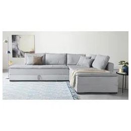 Ecksofa Home Affaire "Night & Day L-Form, B: 321 cm, mit Dauer-Schlaffunktion 180x200 cm", grau (hellgrau), B:321cm T:218cm, 100% Polyester, Sofas, Ecksofa, Bettfunktion, Bettkasten, Topper & 3 Zierkissen, Boxspringbett in Cord, Topseller