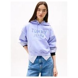 Tommy Hilfiger Kapuzensweatshirt TOMMY JEANS "TJW BXY CRP VARSITY HOODIE", Damen, Gr. L (40), vintage iris, Sweatware, Obermaterial: 100% Baumwolle, bedruckt, Sweatshirts