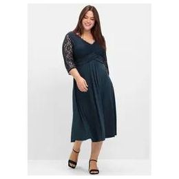 Abendkleid sheego "Abendkleid", Damen, Gr. 58, Normalgr&ouml;&szlig;en, blau (nachtblau), 95% Polyester, 5% Elasthan, Spitze:100% Polyamid, unifarben, wadenlang, V-Ausschnitt, Kleider Abendkleid