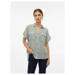 V&eacute;ro Moda Kurzarmbluse VERO MODA "VMBUMPY S/S SHIRT WVN GA NOOS", Damen, Gr. XS, wei&szlig; (laurel wreath stripes:snow wei&szlig;), Web, Obermaterial: 100% Viskose, gestreift, regular fit normal, V-Ausschnitt, mit Aufschlag, Blusen, Viskose, regular fit