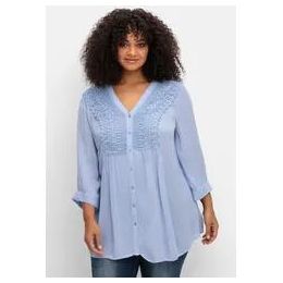 Crepebluse sheego BY JOE BROWNS, Damen, Gr. 50, blau (himmelblau), 100% Viskose, Spitze:100% Baumwolle, unifarben, V-Ausschnitt, Blusen