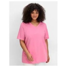 T-Shirt sheego "T-Shirt", Damen, Gr. 52/54, rosa (blumiges pink), 100% Baumwolle, unifarben, V-Ausschnitt, Shirts T-Shirt
