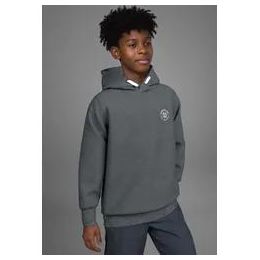 H.I.S. Kapuzensweatshirt H.I.S "Kapuzenhoodie mit Badge in melierter Ware f&uuml;r Jungen", Jungen, Gr. 152/158, anthrazit meliert, Sweatware, Obermaterial: 60% Baumwolle, 40% Polyester, bedruckt, Basic h&uuml;ftbedeckend, Rippb&uuml;ndchen, Sweatshirts, F&uuml;r TEENS. Hoodie mit kleinem Badge